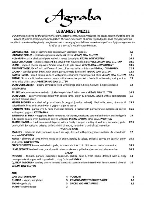 Menu | Agraba | Lebanese Mezze Restaurant North Melbourne